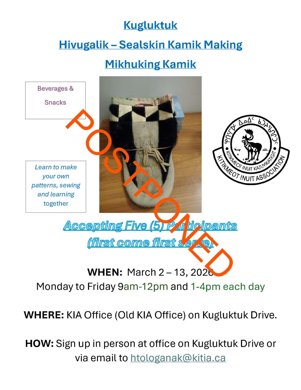 Sealskin Kamik Making - Kugluktuk March 2-13, 2026 - Kitikmeot Inuit ...